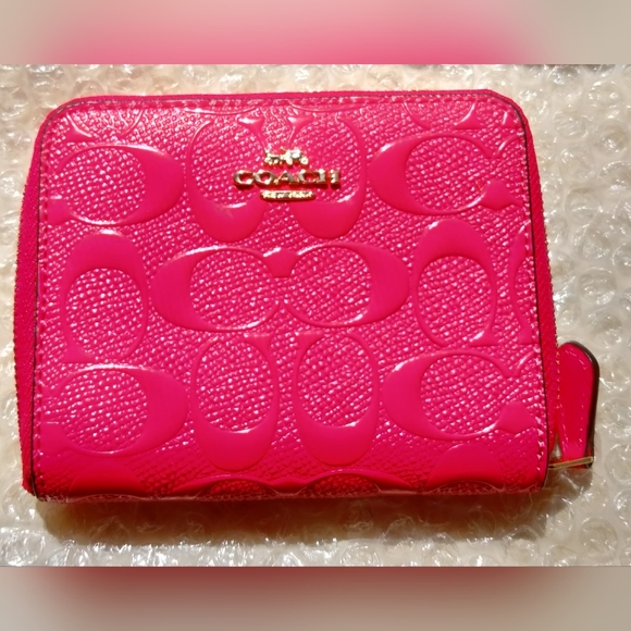Coach | Bags | Coach Neon Pink Embossed Zipper Wallet Clutch | Poshmark